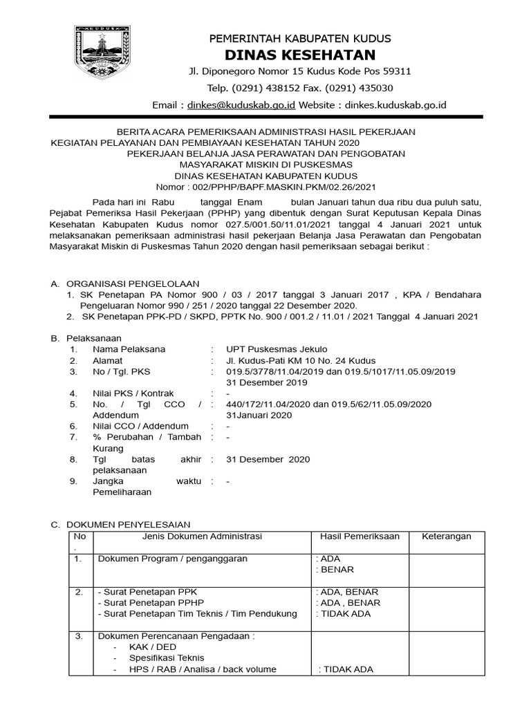 BERITA ACARA PEMERIKSAAN ADMINISTRASI 2020 | PDF