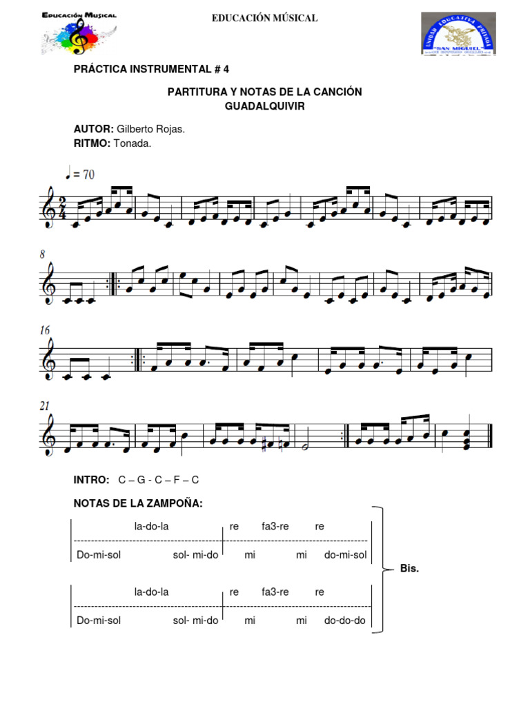 Practica Instrumental # 4 Partitura y Notas de La Canción Guadalquivir ...