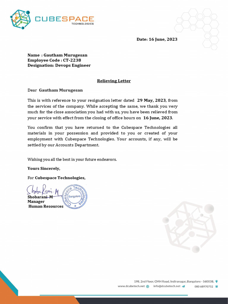 Relieving Letter 230621 114705 | PDF | Career & Growth | Business