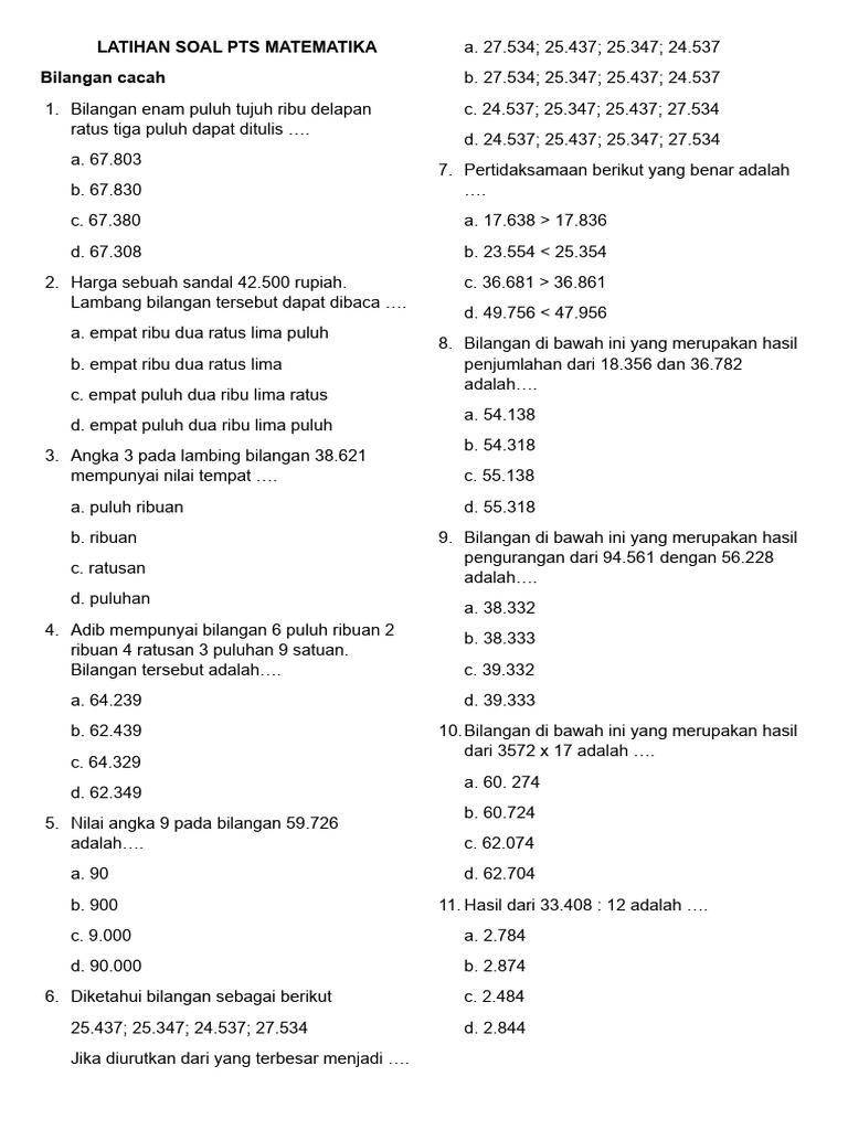 Latihan Soal PTS Matematika Kelas 5 | PDF