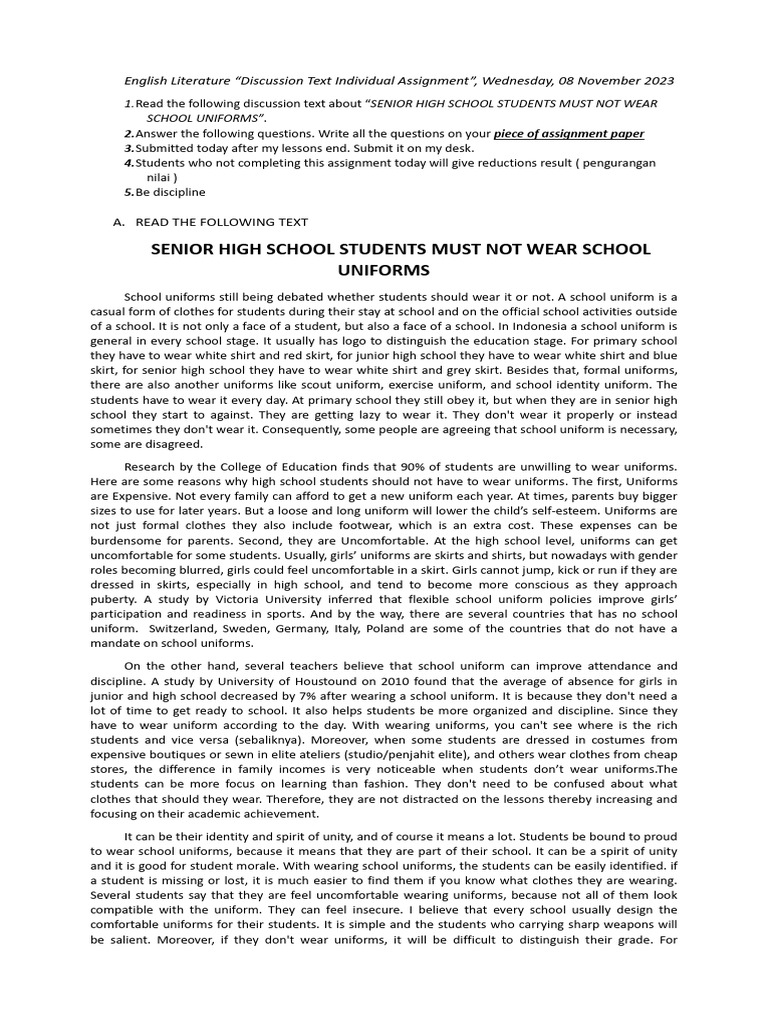Disscussion - SHS Students Mustnt Wear School Uniform | PDF