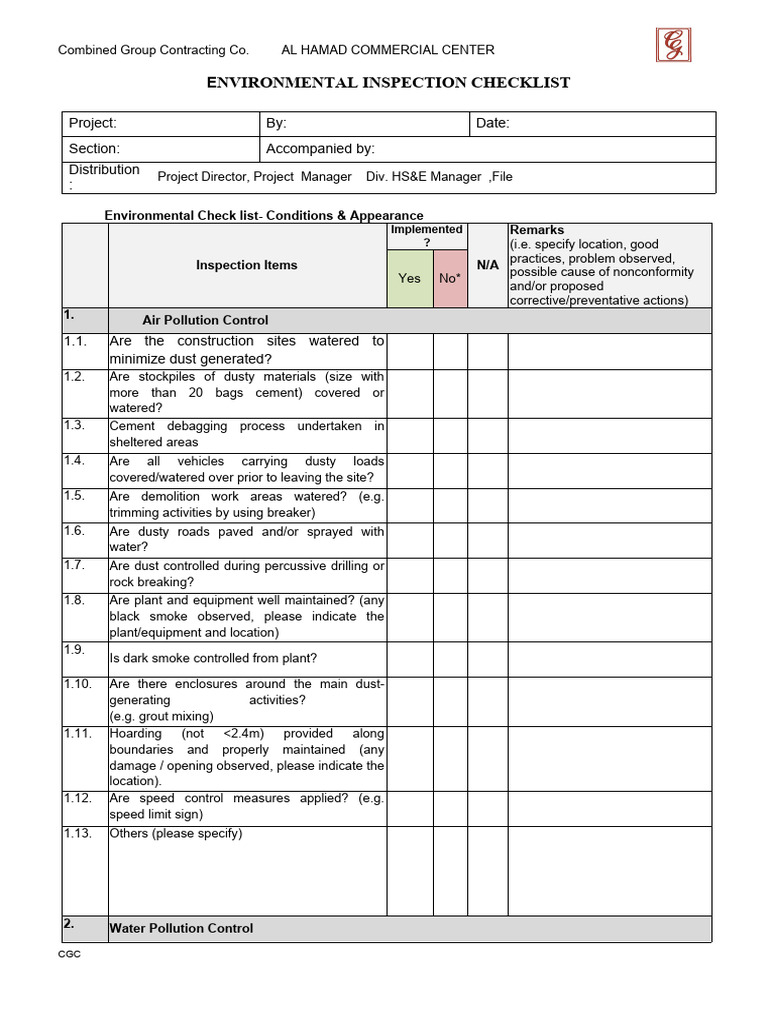 Environmental Inspection Checklist | PDF | Dust Environmental Inspection Checklist | PDF | Dust