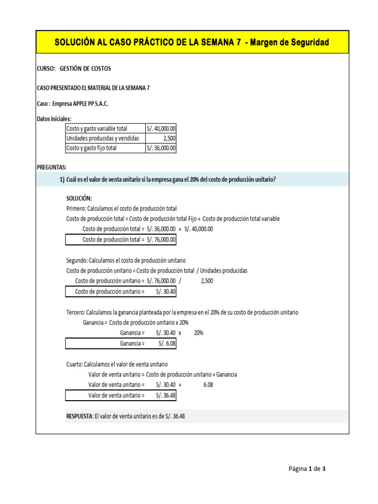 Solución Caso Práctico Semana7-Margen de seguridad-PE-Analisis de Sensibilidad | Descargar ...