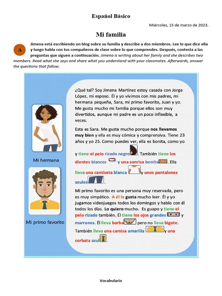 Handout 7 - Mi Familia - Descripcion Fisica - Mar 15 - 2023 Student ...