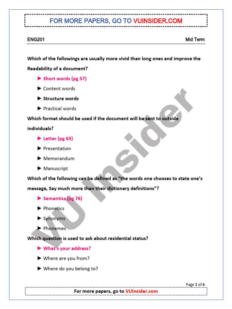 ENG201 Mid Term Past Paper 1 | PDF | Memorandum | Communication ENG201 Mid Term Past Paper 1 | PDF | Memorandum | Communication