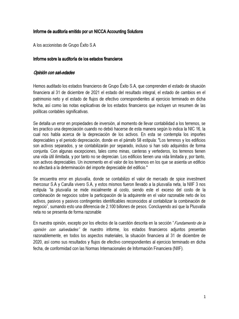 Dictamen Final Almacenes Exito G13 | PDF | Auditoría | Preocupación continua