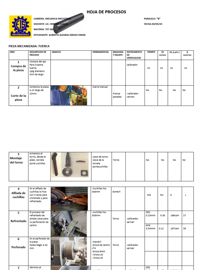 Hoja de Proceso Tuerca | PDF | Mecanizado | Máquinas