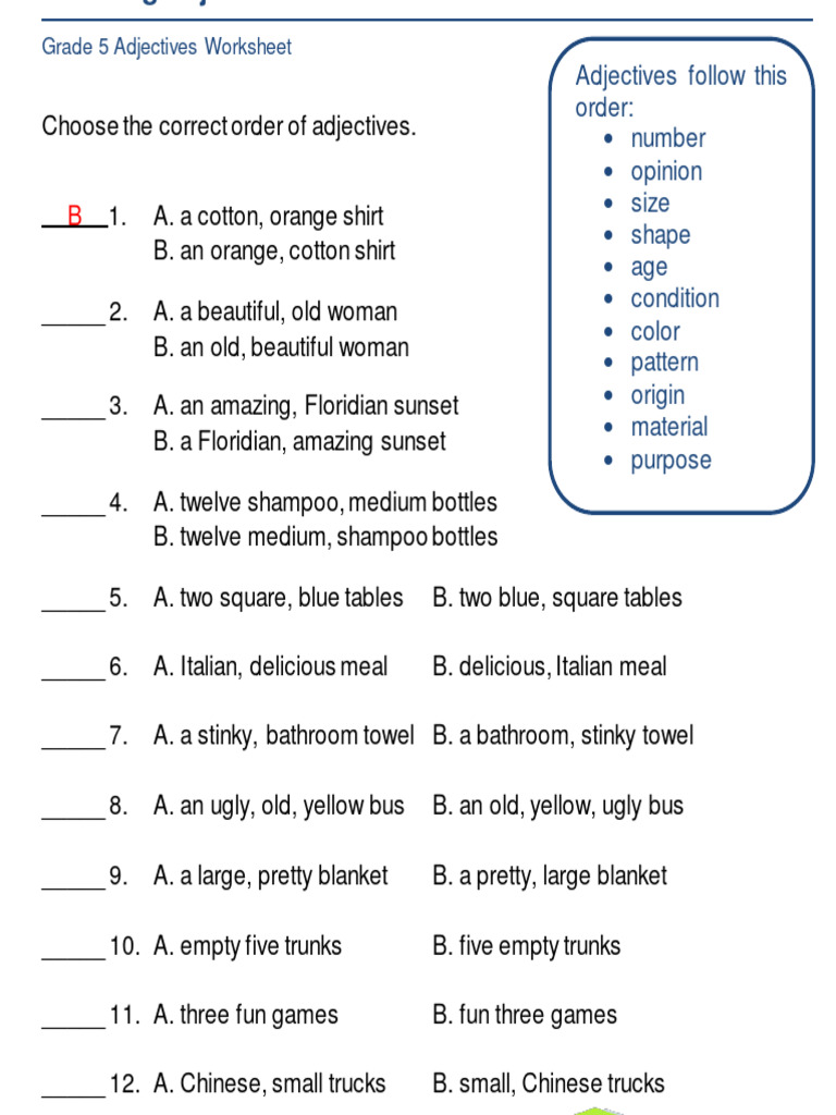 Grade 5 Ordering Adjectives | PDF | Clothing