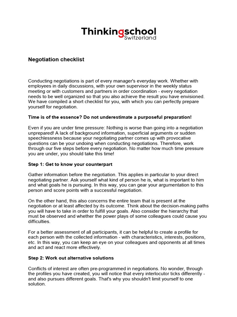 Negotiation Checklist | PDF | Negotiation | Human Communication