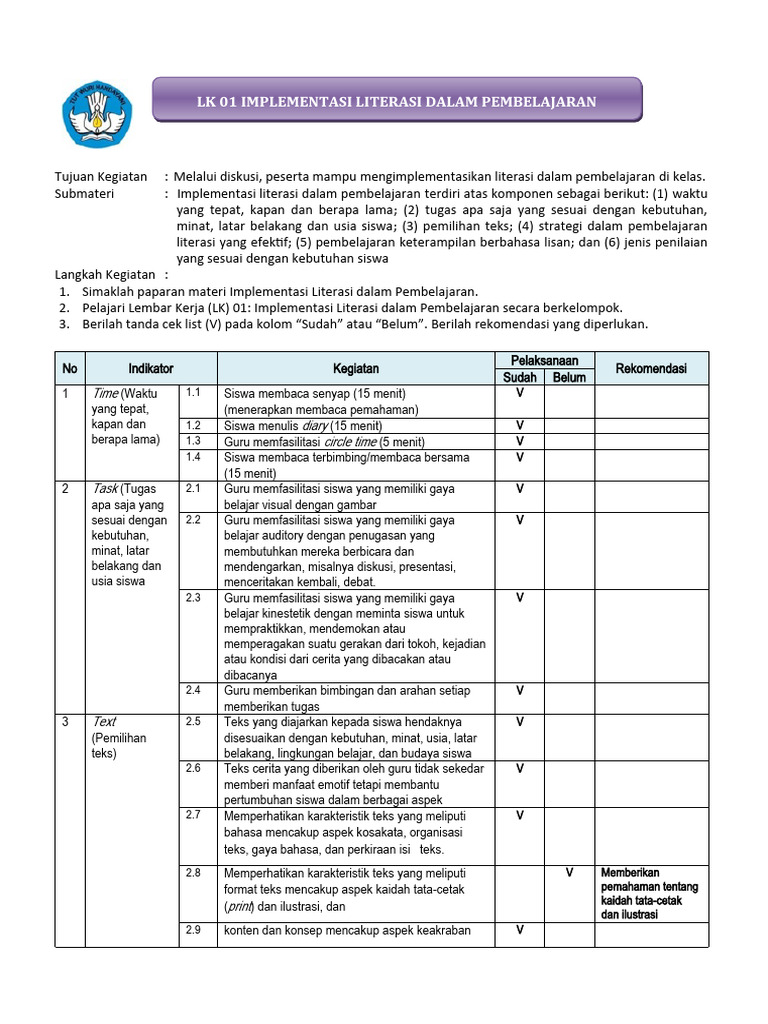 LK 01. Instrumen Implementasi Literasi Dalam Pembelajaran | PDF
