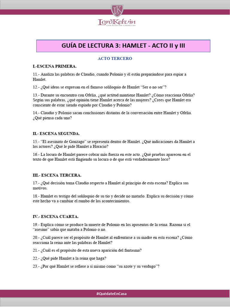 Guia de Lectura 3 - Hamlet - Acto 2 y 3 - Lk-2da Parte | PDF