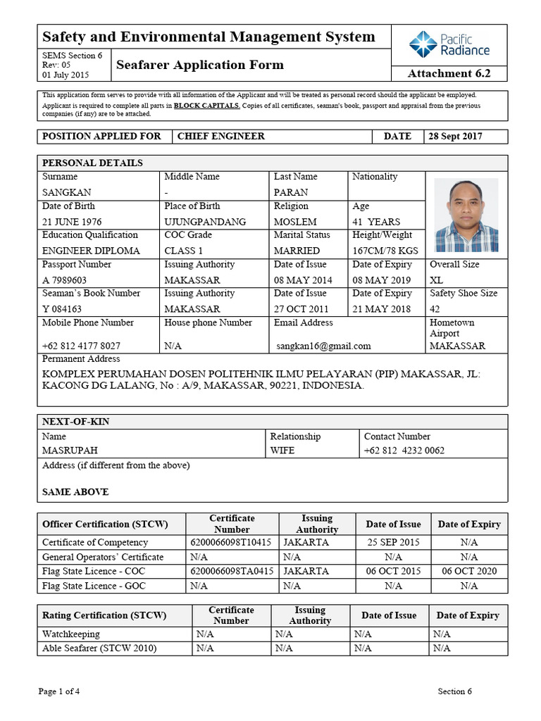 Attachment 6.2 Seafarer Application Form (SANGKAN PARAN) | PDF ...