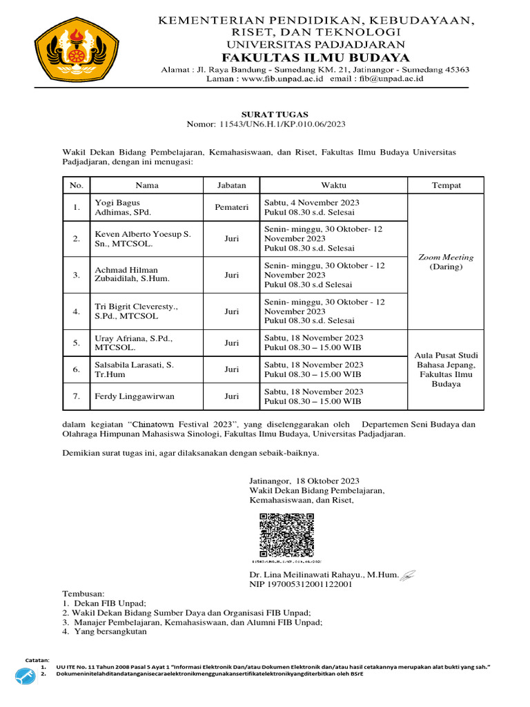 Surat Tugas A.N. Yogi Bagus Adhimas, SPD., DKK 7 Orang Chinatown ...