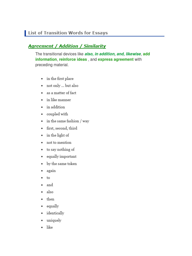 List of Transition Words For Essays | PDF | Reason