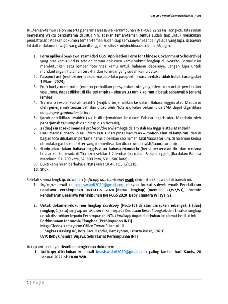 Tata Cara Pendaftaran Beasiswa INTI CGS | PDF