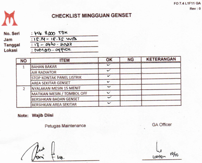 Form Checklist Mingguan Genset Kantor 13okt23 | PDF