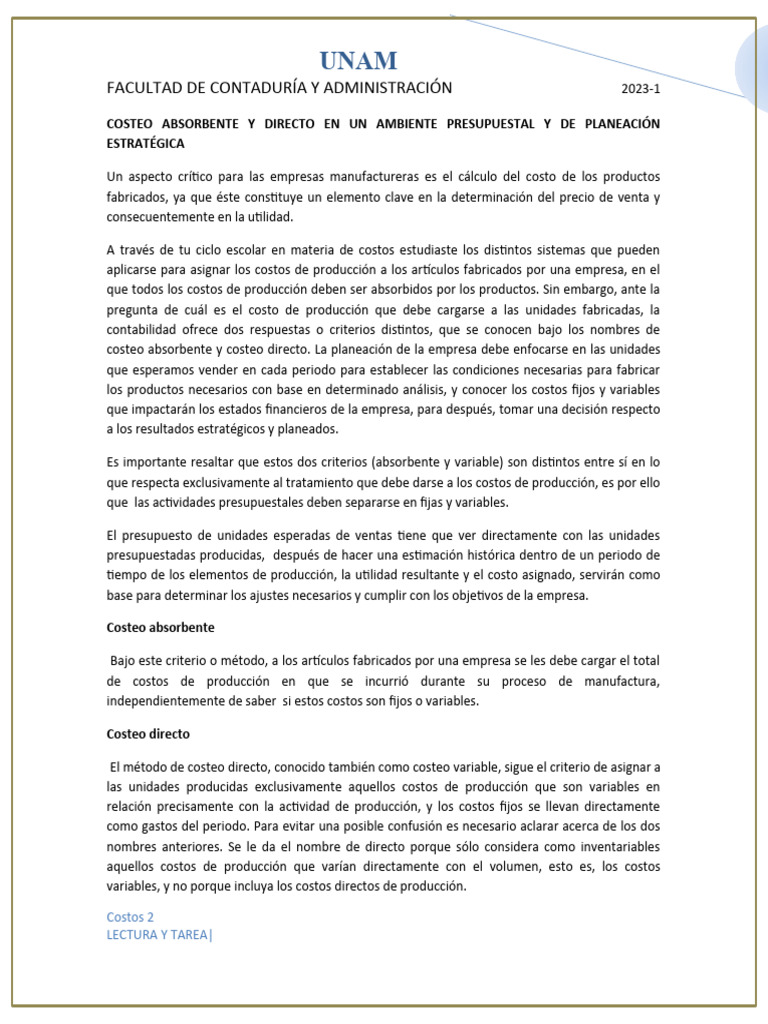 Lectura y Tarea Costos 2 | PDF | Business | Negocios económicos
