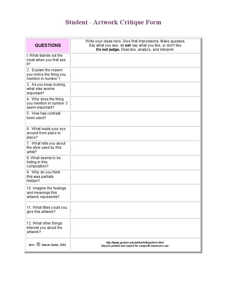 Student - Artwork Critique Form: Questions | PDF