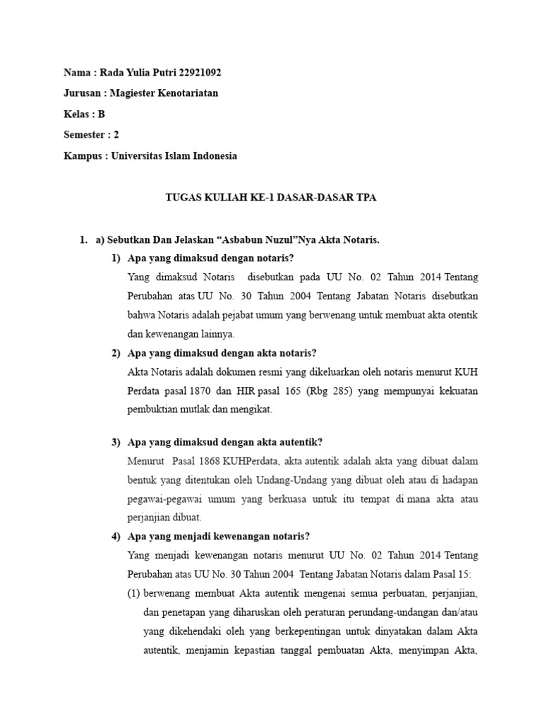 Tugas Kuliah Dasar-Dasar TPA Notaris | PDF