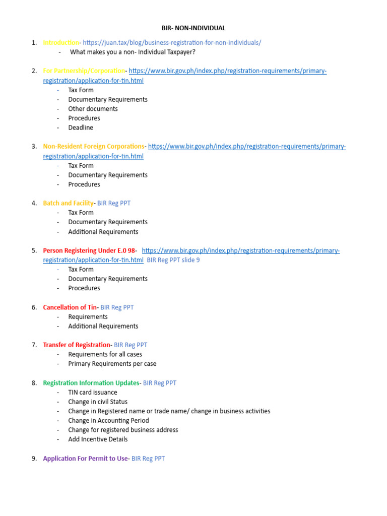 BIR Non Individual | PDF