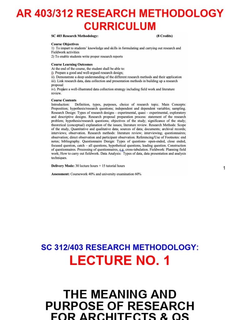 SC 312 - 403 - Research Methodology - Lecture 1 | PDF | Scientific ...