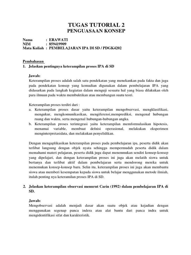 Tugas Tutorial 2 Penguasaan Konsep Pembelajaran Ipa Di SD | PDF