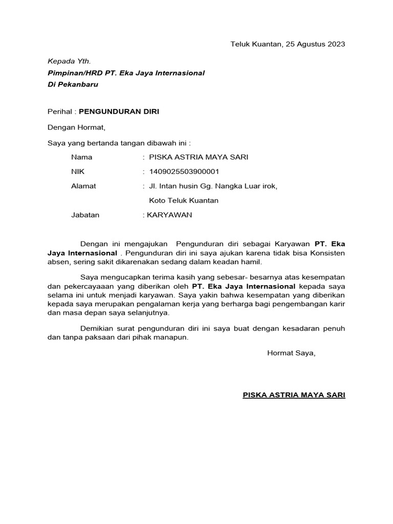 Contoh Surat Pengunduran Diri Kerja atau Resign | PDF