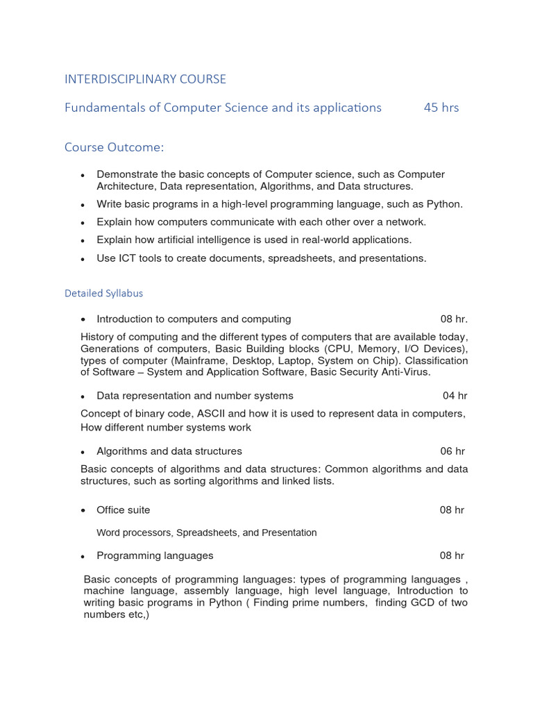 IDC - Syllabus - Fundamentals of Comp SC | PDF | Computer Programming | Computing