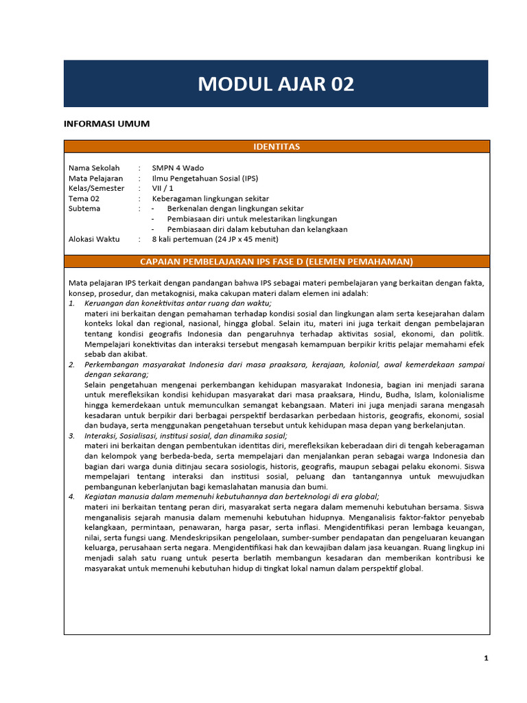 06 Modul Ajar 02 Ips 7 Ikm Smt1 2023-2024 (Anwark) Am Revisi | PDF