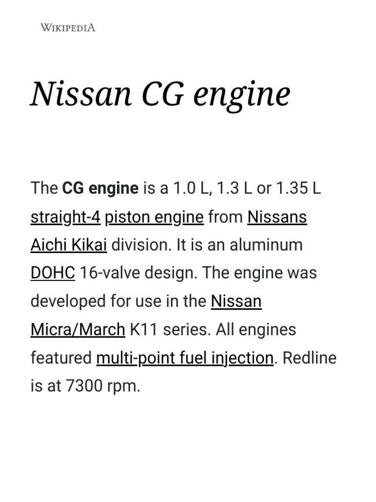 Nissan CG Engine - Wikipedia | Download Free PDF | Engines | Machines