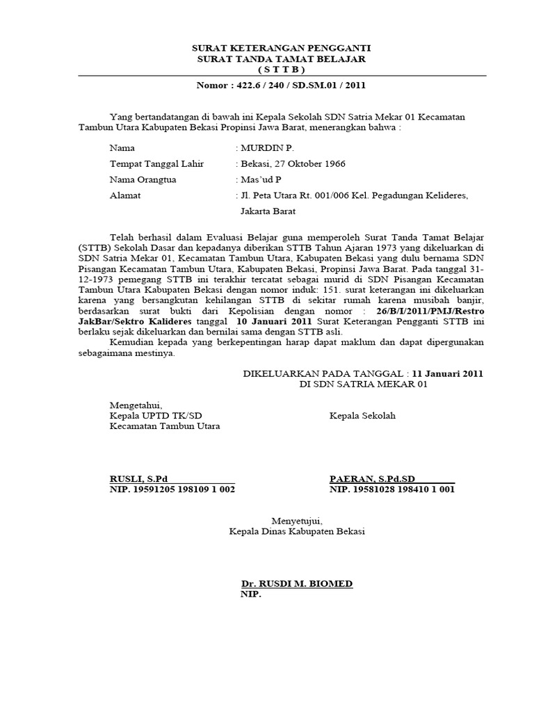 Surat Keterangan Pengganti STTB | PDF