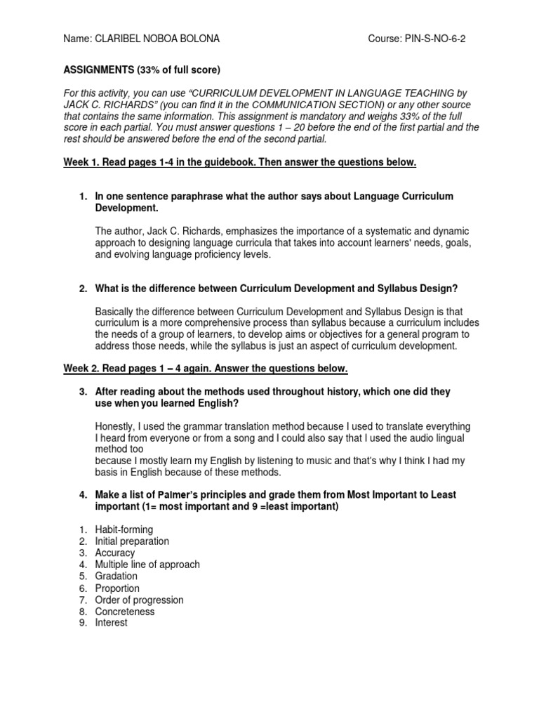 Assignments From Week 1 To Week 7 | PDF | Curriculum | Language Education