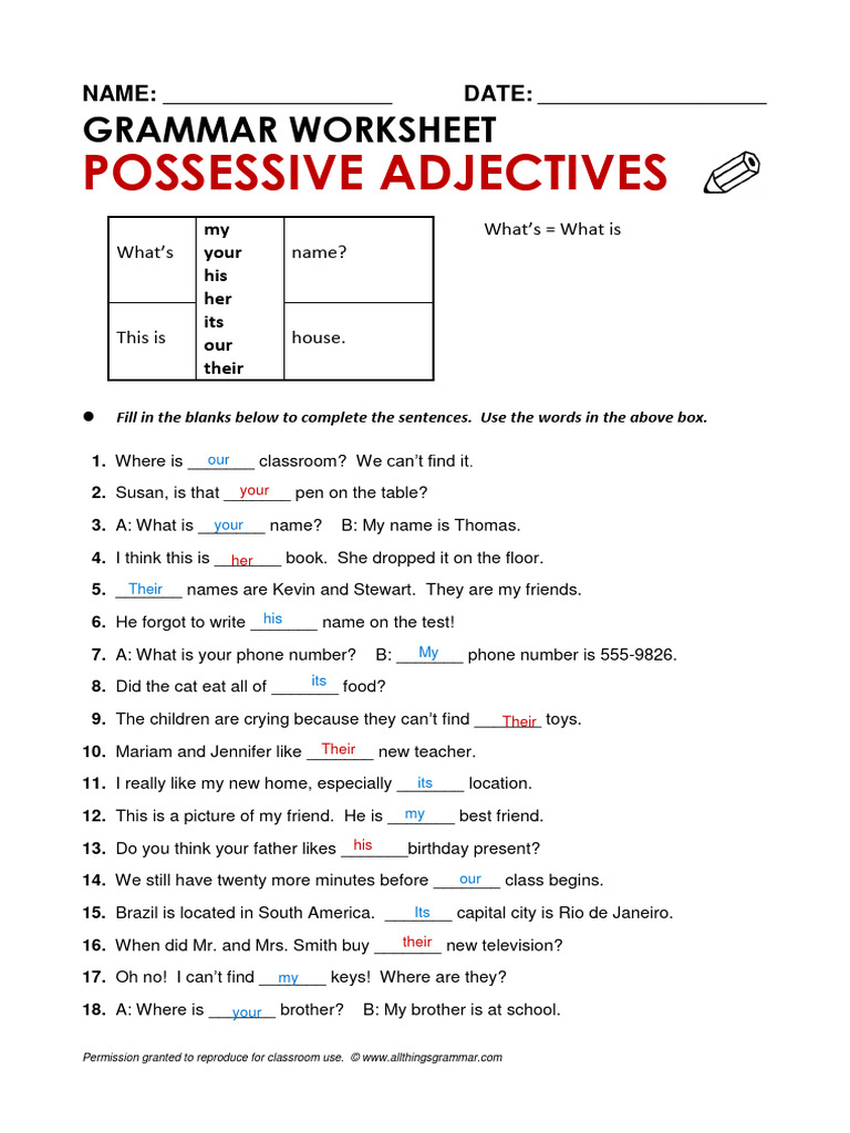 Possessive Adjectives Practice | PDF | Syntax | Languages