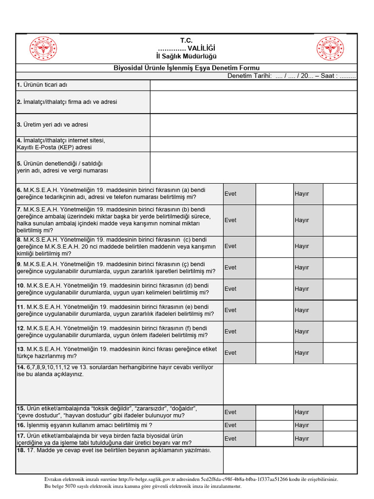 Biyosidal Urunle Isl Esya Denetim Formu | PDF
