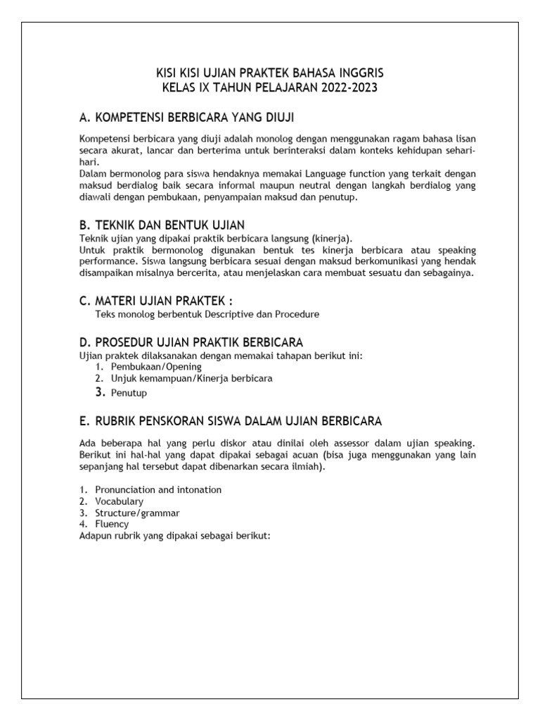 Kisi Kisi Ujian Praktek Bahasa Inggris 2023 | PDF | Seni & Disiplin Bahasa