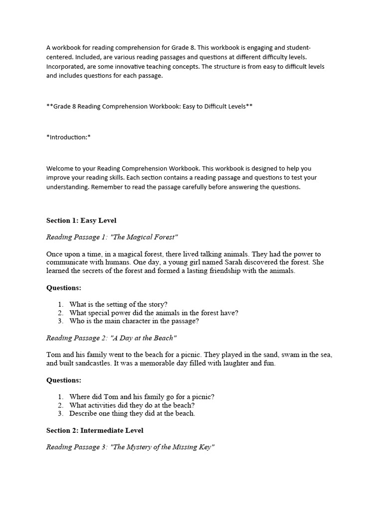 A Workbook For Reading Comprehension For Grade 8 | PDF | Reading ...