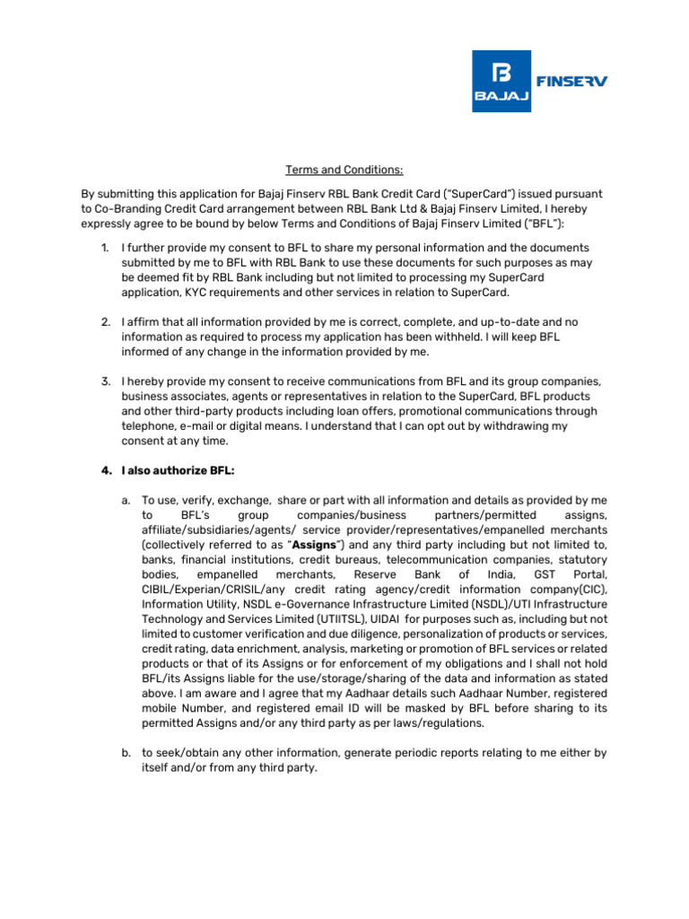 RBL Consent To BFL Terms and Condition 13 Sep 23 | PDF | Banks | Information