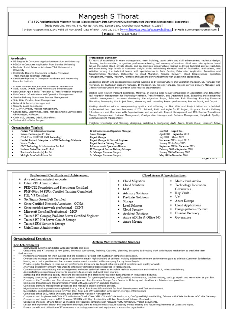 Mangesh - Resume | PDF | Cloud Computing | Service Level Agreement
