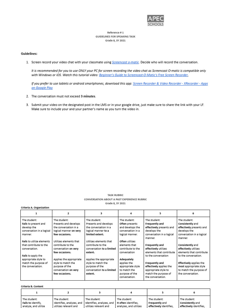 ENG 8 Q1 EG 1 - Guidelines For Speaking Task and Rubrics | Download ...