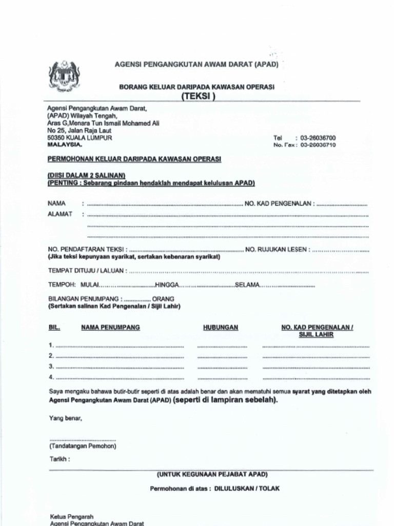 APAD Borang Permohonan Keluar Daripada Kawasan Operasi (Teksi) | PDF