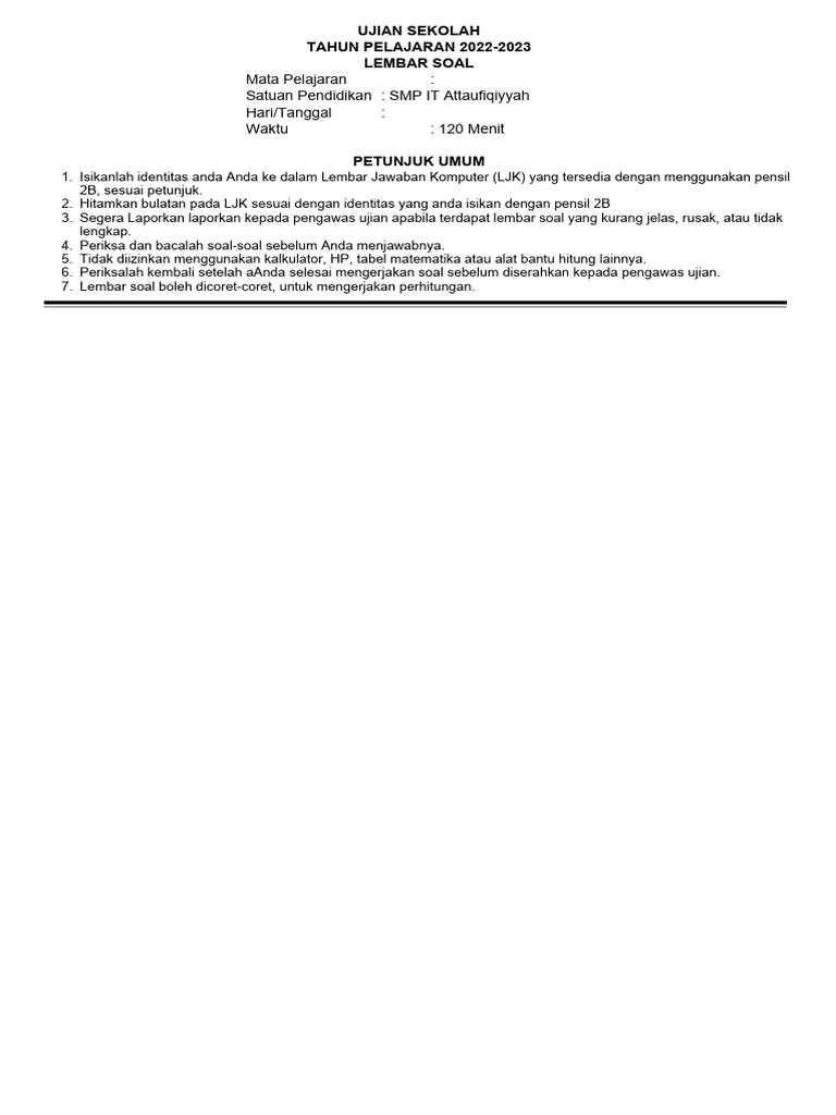 Kop Soal Ujian Sekolah SMP 2022-2023 | PDF