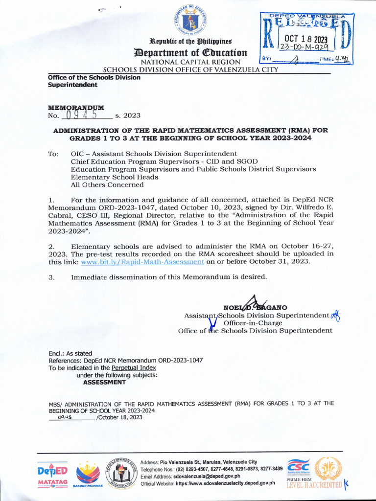 Administration of The Rapid Mathematics Assessment (Rma) For Grades 1 ...
