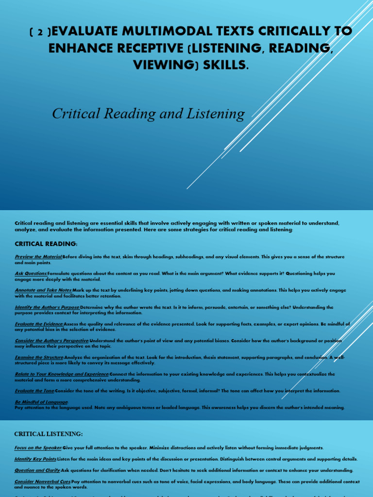 2) Evaluate Multimodal Texts Critically To | PDF | Nonverbal Communication | Collaboration