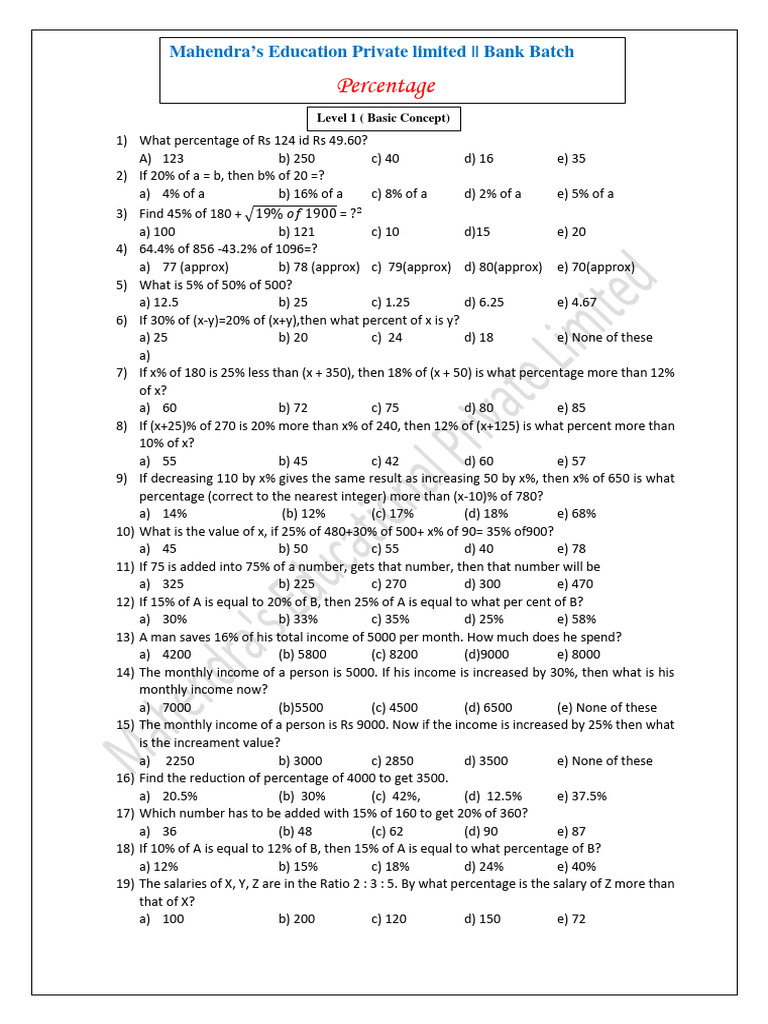 Percentage For BANK | PDF | Mathematical Notation | Elementary Mathematics