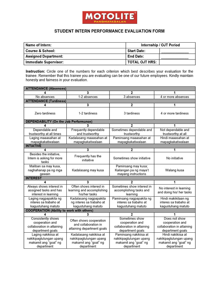 Student Intern Performance Evaluation Form | Download Free PDF | Internship | Job Hunting