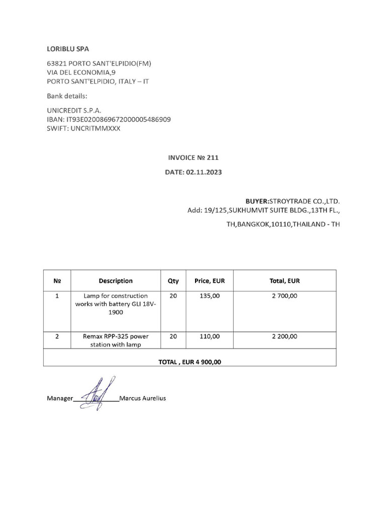 Invoice Loriblu Spa - Stroytrade 4 900 Eur | PDF