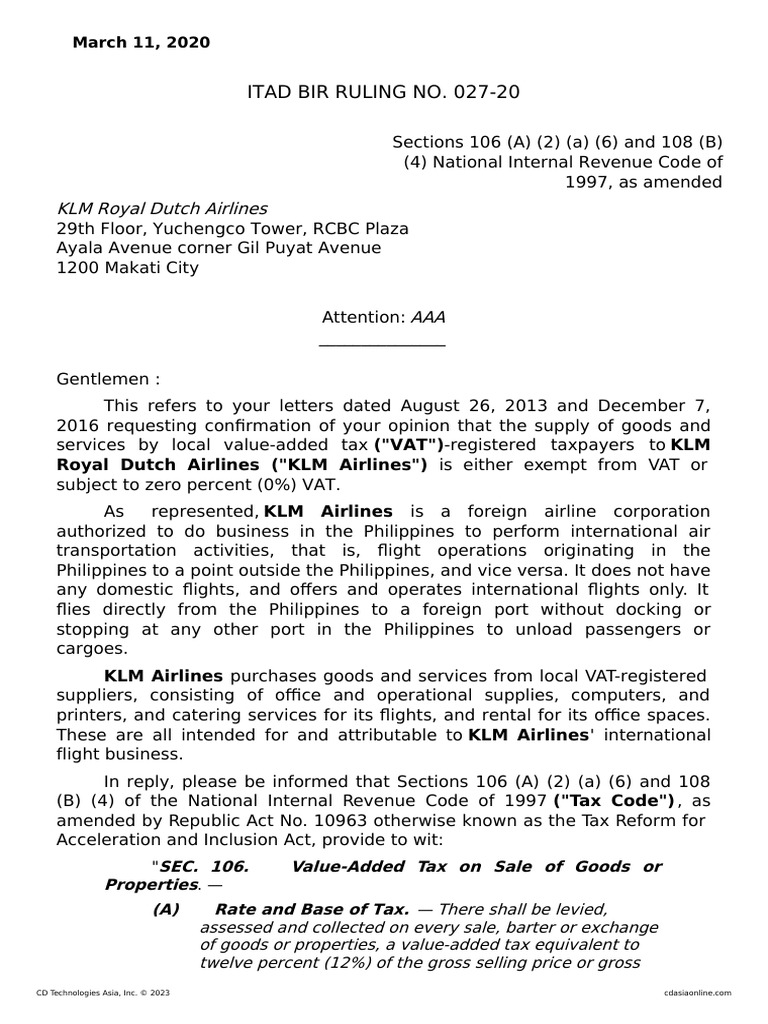 ITAD BIR Ruling No. 027-20 | PDF | Value Added Tax | Trade