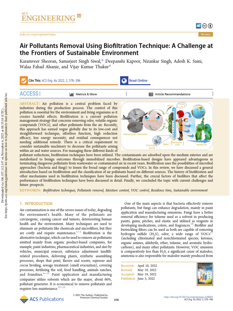 Sheoran Et Al 2022 Air Pollutants Removal Using Biofiltration Technique ...
