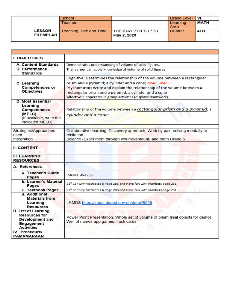 Lesson Plan Co1 | PDF | Volume | Area