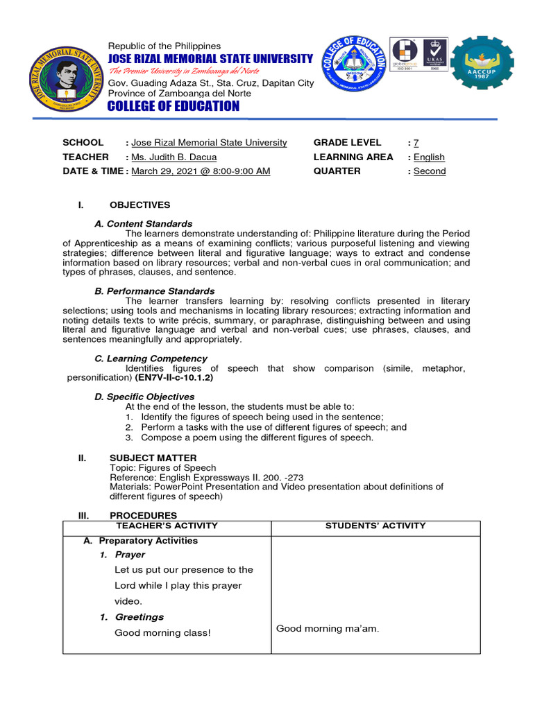 Lesson Plan - Figures of Speech (Simile, Metaphor, Personification ...